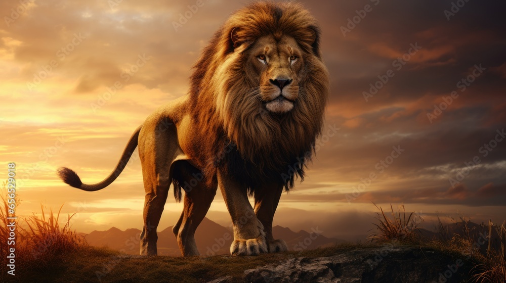 powerful image of a majestic lion, standing on a savannah hill, the ...