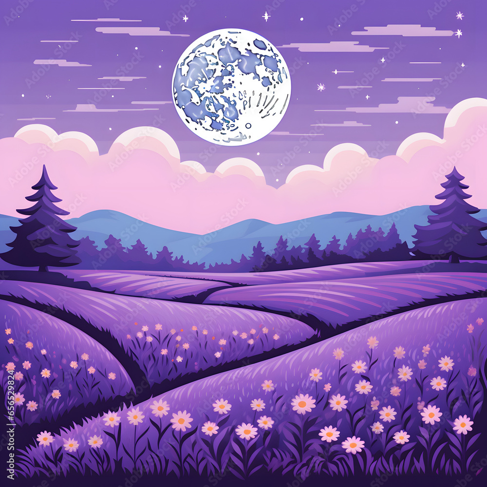 Cartoon clipart of lavender field under moonlight, plant clipart ...