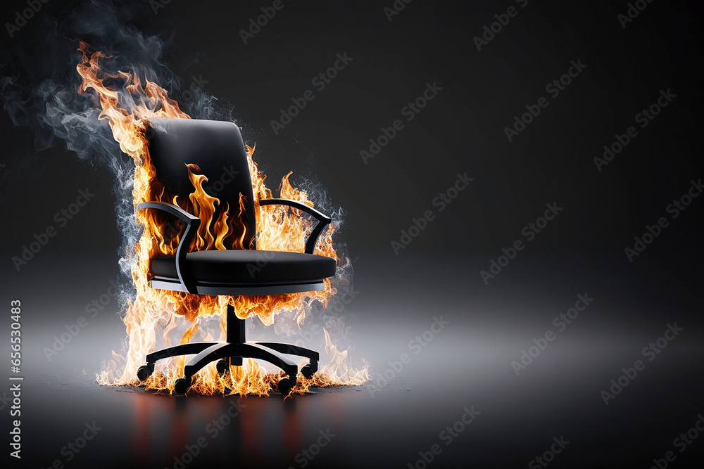 Burning office chair on black background. Burnout syndrome, deadline ...