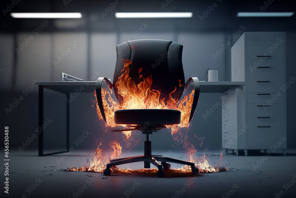 Burning office chair on black background. Burnout syndrome, deadline ...