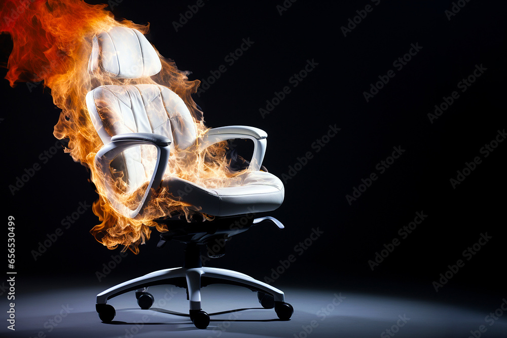 Burning office chair on black background. Burnout syndrome, deadline ...