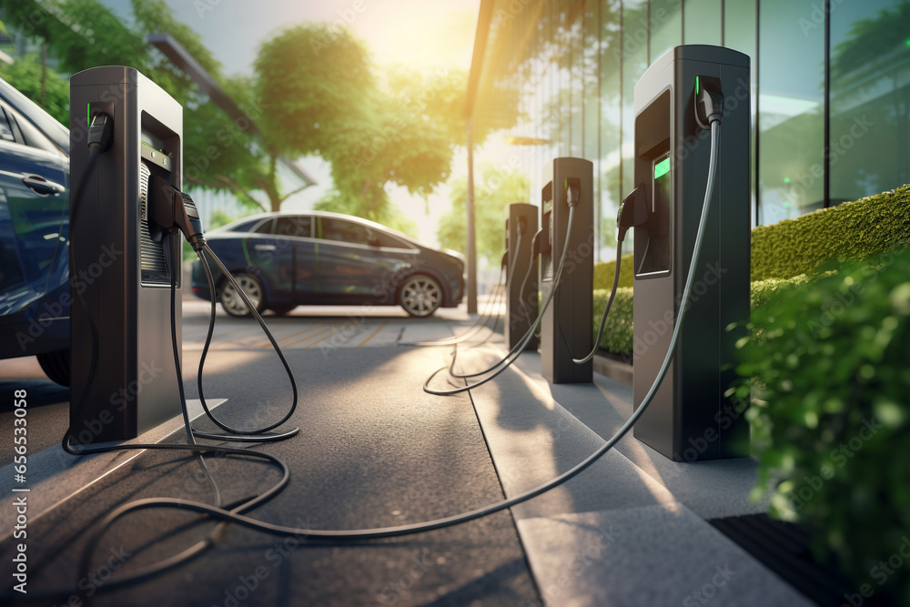 Photo Row of charging station for EV electronic car set up on the ...