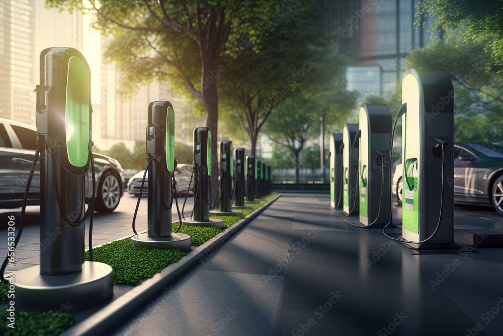 Row of charging station for EV electronic car set up on the parking lot ...