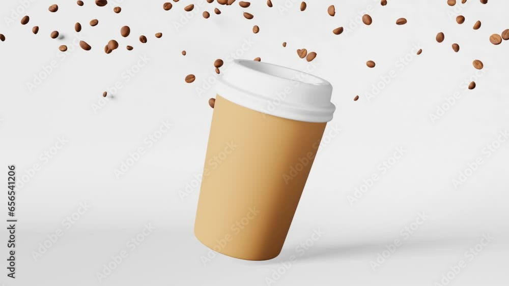 Floating coffee cup flying beans 3D animation white background 4K ...