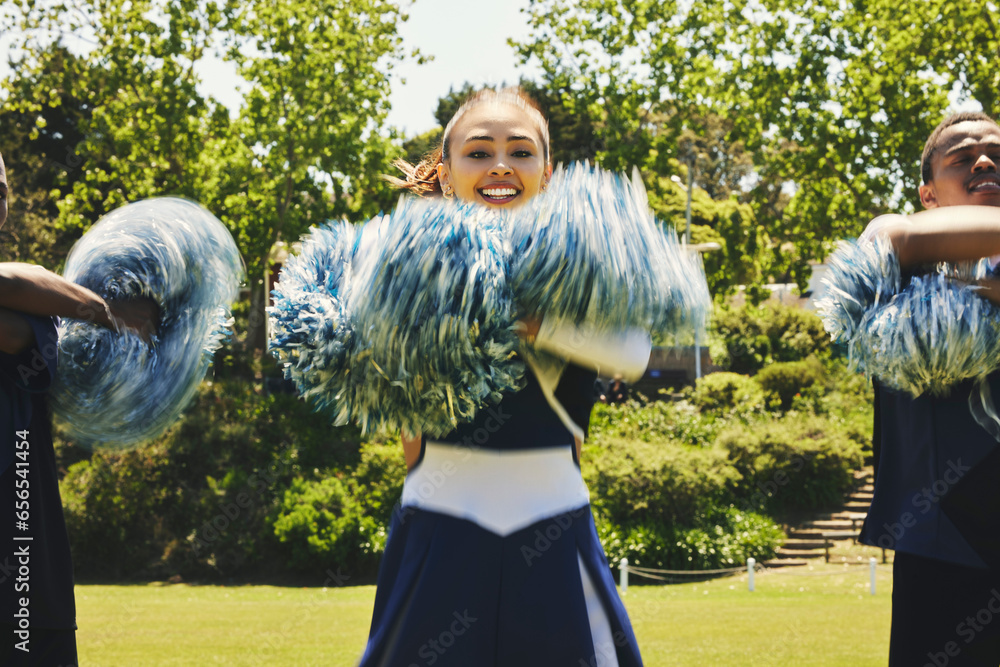 Cheerleader, dancing and field in teamwork in sport, fitness and energy ...