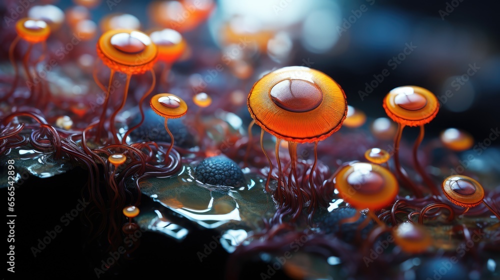Macro photography flora mushrooms plants under a microscope, spores ...
