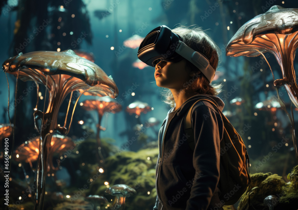 Generative AI, child, boy or girl in virtual reality glasses in a ...