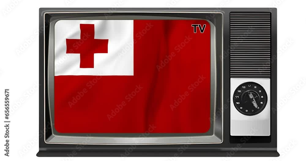 Waving flag of Tonga on the screen of an old TV set, isolated in white ...