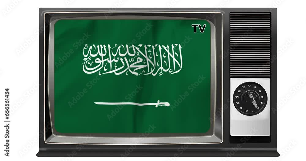 Waving flag of Saudi Arabia on the screen of an old TV set, isolated in ...