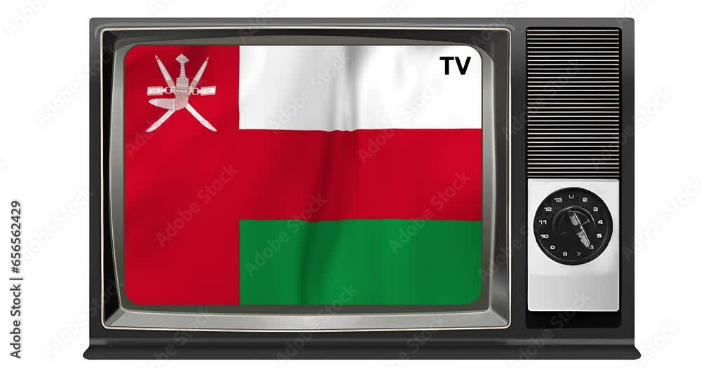 Waving flag of Oman on the screen of an old TV set, isolated in white ...