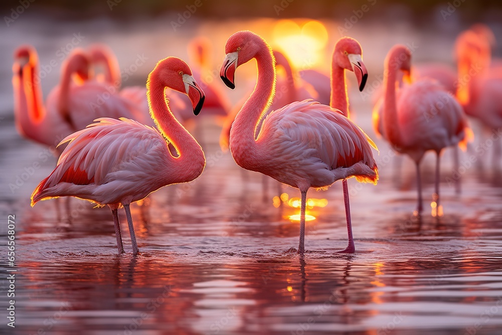 Flamingo flock basking in the sunset, their pink hues reflecting off ...