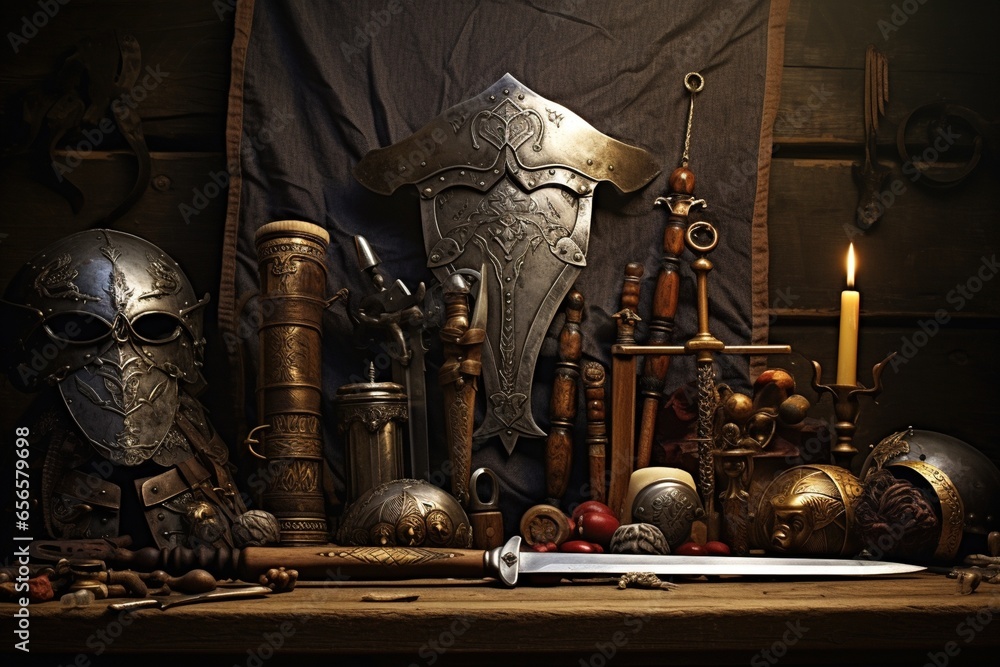 Still life of medieval weaponry including swords, shields, and a bow on ...