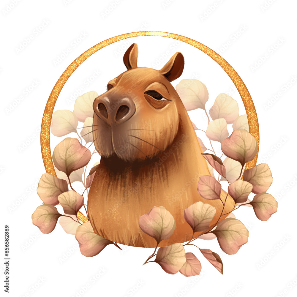 Cute Capybara with autumn leaves. Floral animal illustration, isolated ...