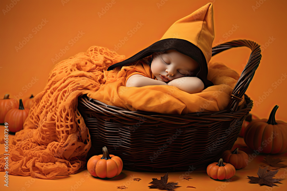 bebe disfrazado para halloween durmiendo en el interior de una cesta de ...