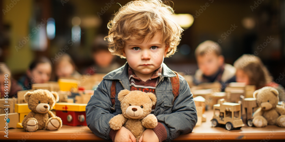 Emotion-filled image of an angry kindergarten child stubbornly refusing ...