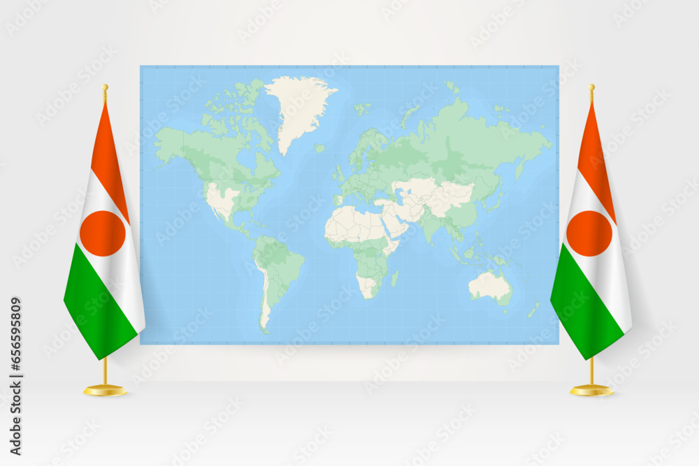 World Map between two hanging flags of Niger flag stand. Stock Vector ...