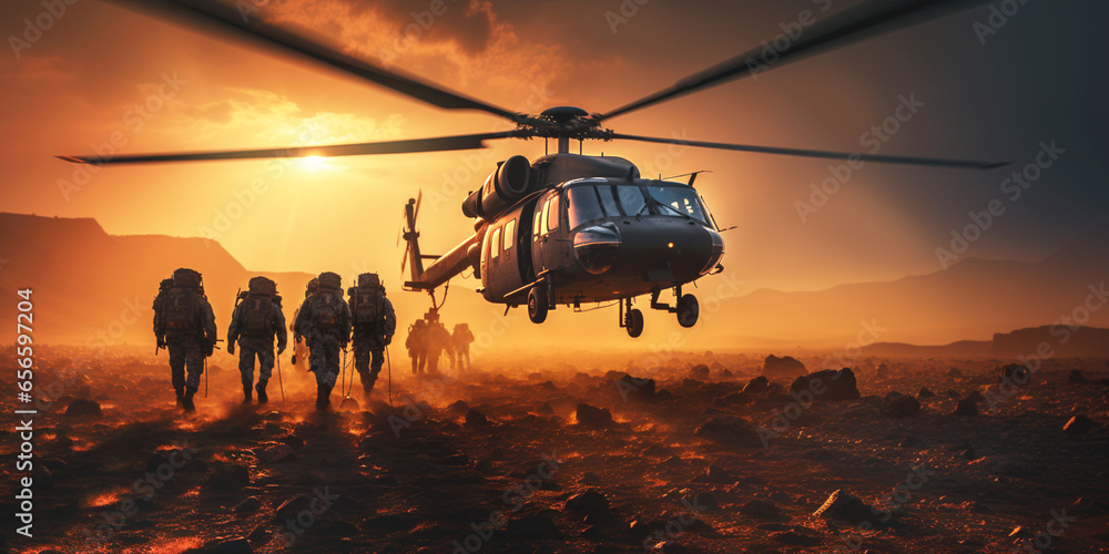 Photo & Art Print Soldiers patrolling as the helicopter begins its ...