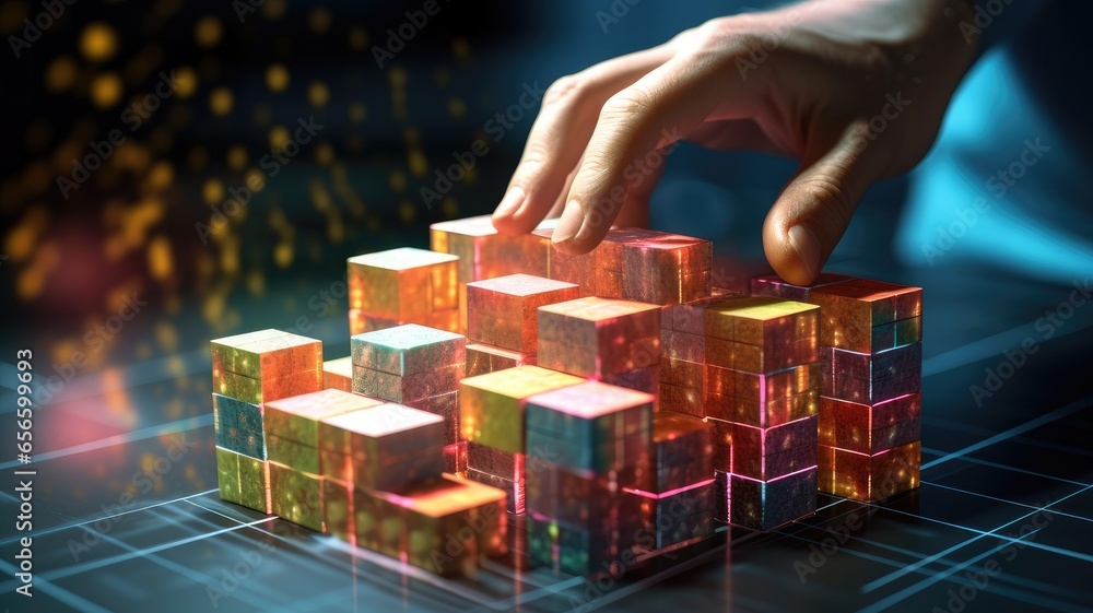 An image of a person constructing a 3D puzzle of data cubes, depicting the process of creating ...