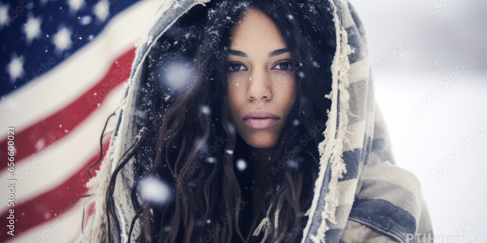 Provocative image of indigenous woman draped in American flag in the ...