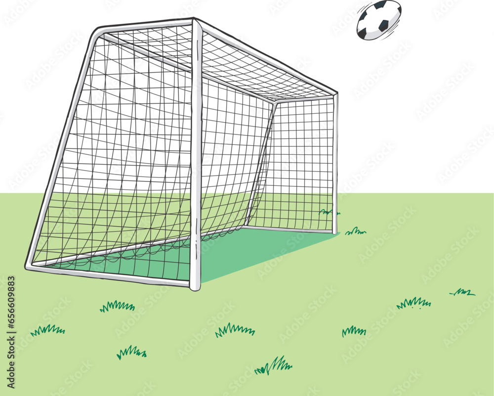 Soccer goal and football on the field. Hand drawing of flat design ...