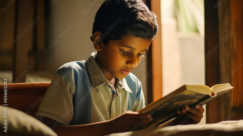 Inspirational young Indian boy immersed in reading a book at home ...