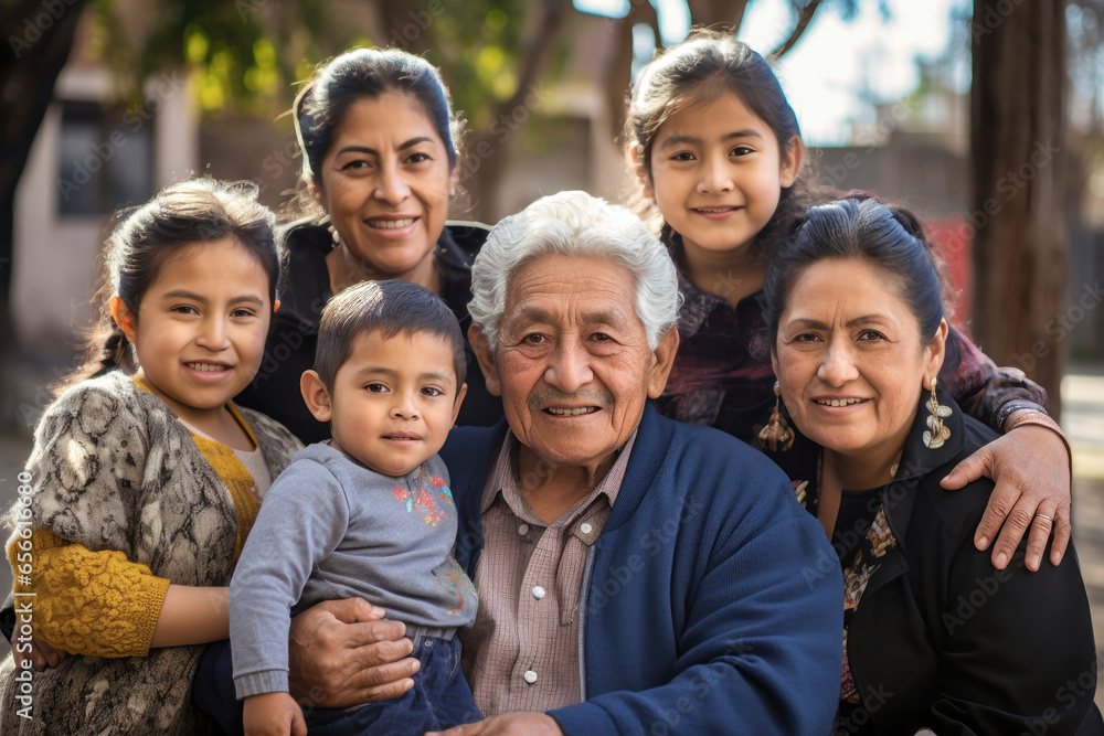 Mexican or Hispanic family together. Family photo of grandfather, with ...