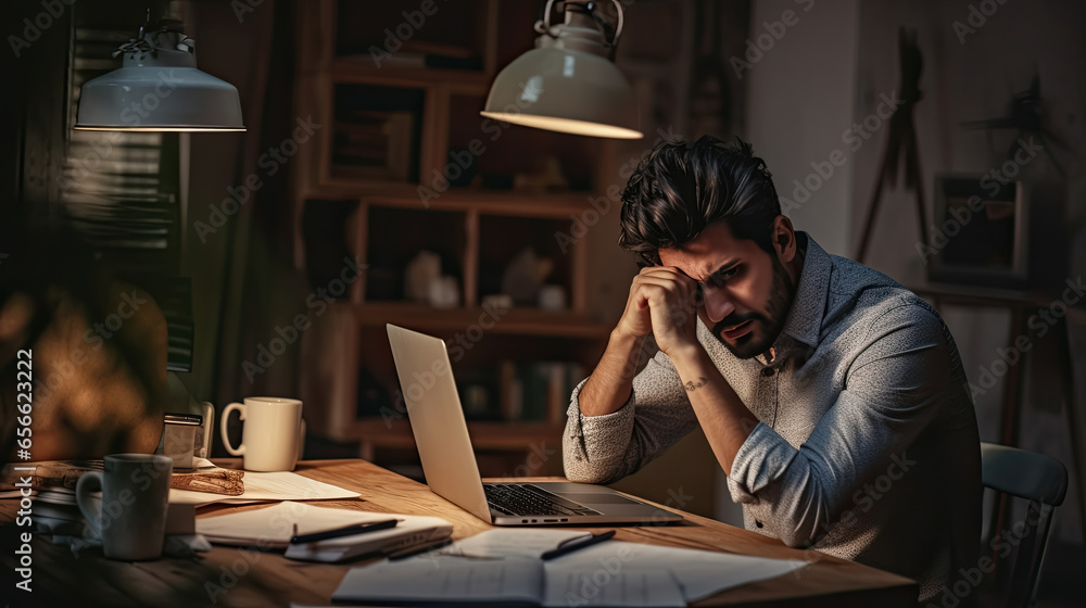 Headache, stress and burnout at home, young man suffering from fatigue ...