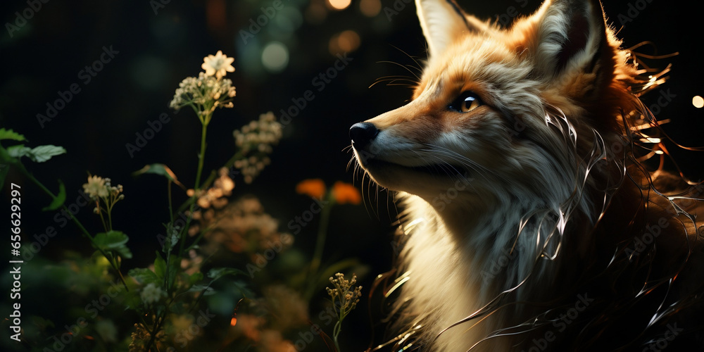 Orange fox in the forest, magical moment, sparkles in the eyes ...