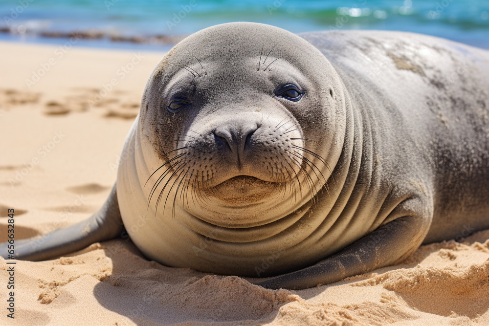 Hawaiian Monk Seal. Listed as endangered in IUCN Red List. Stock Photo | Adobe Stock