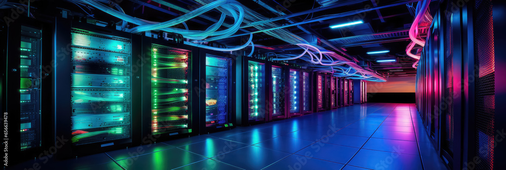 Server room with switch, internet cables and wires. Fiber optic ...