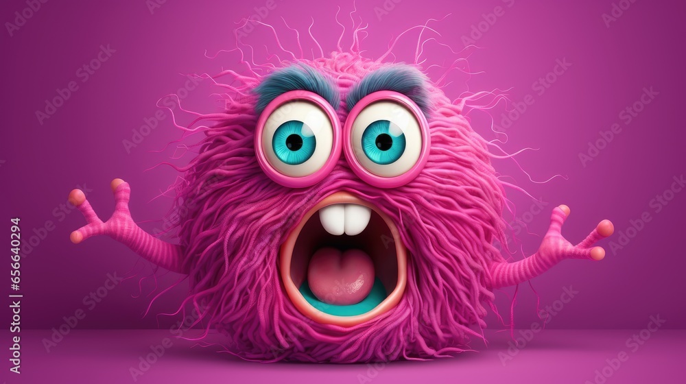 A fluffy ball-shaped surprised purple colored monster screams and waves ...
