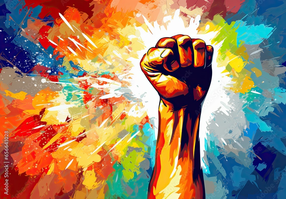 A clenched fist is raised upward. A symbol of protest, rebellion and ...