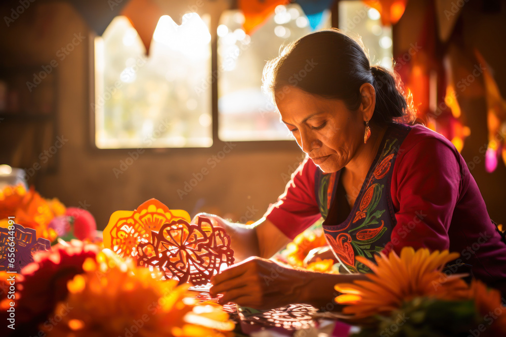 Mexican crafts woman making traditional papel picado, tissue paper folk ...