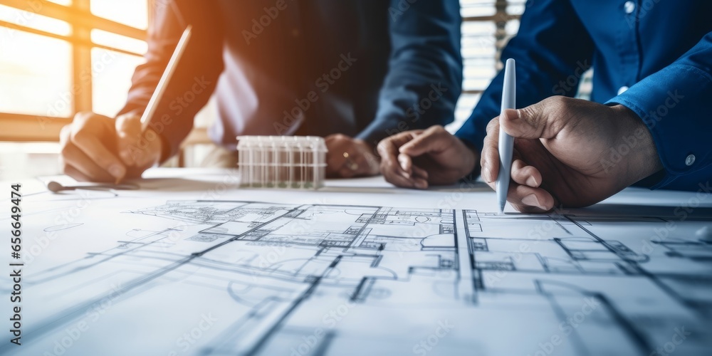 Person's engineer Hand Drawing Plan On Blue Print. Architects and ...
