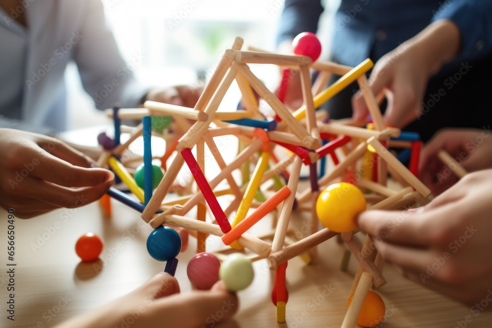 company workers assembling pieces of jigsaw puzzle in work meeting ...