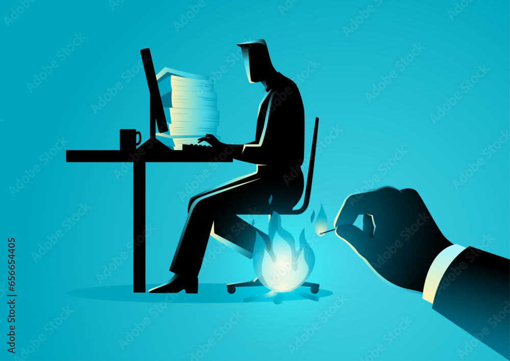 Businessman igniting a fire beneath his employee's chair, represents ...