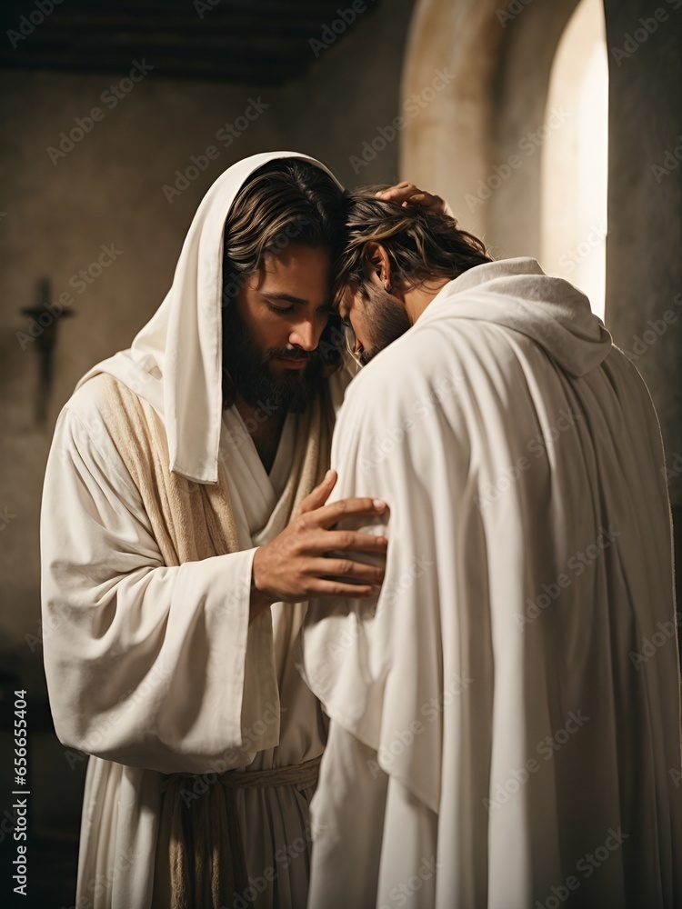 Jesus Christ comforting the affliction of sad man, Ai Stock ...