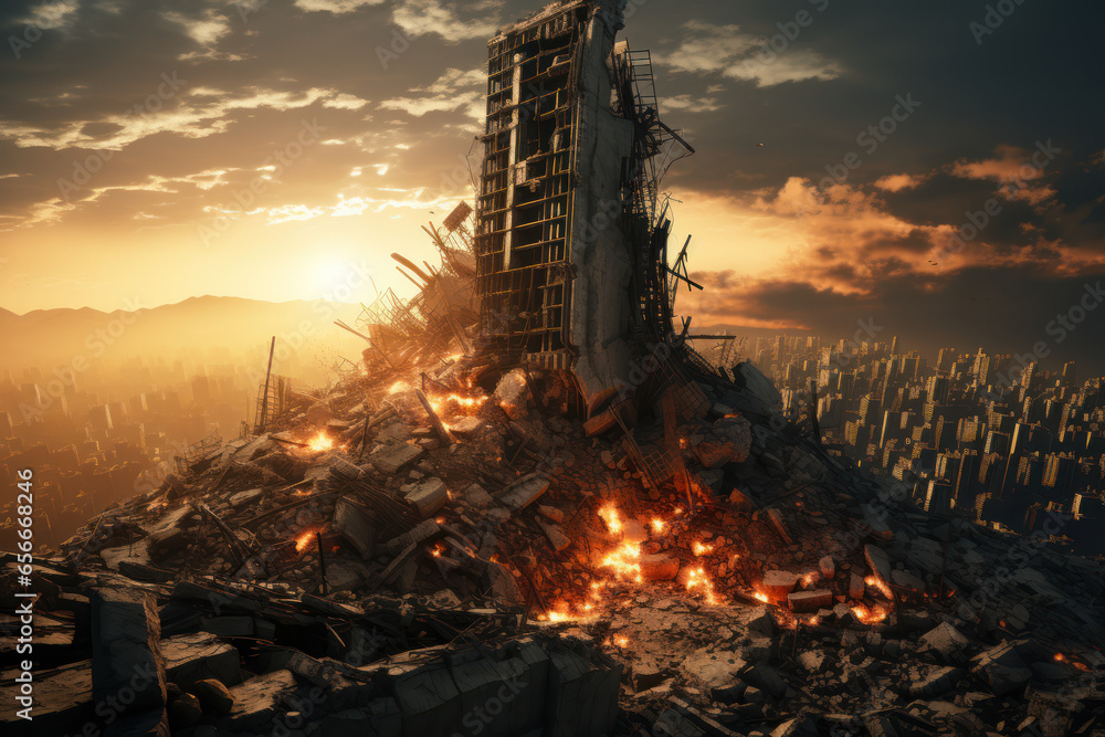 A crumbling skyscraper after an earthquake, highlighting the ...