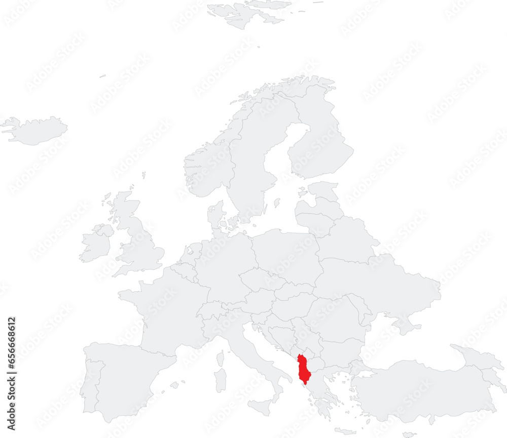 Red CMYK national map of ALBANIA inside gray blank political map of ...