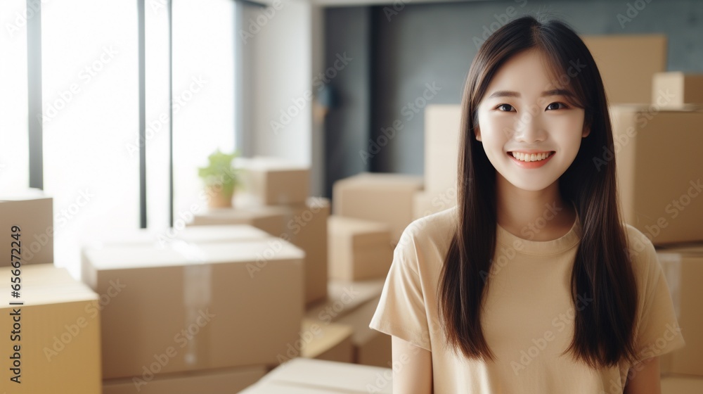 Asian girl new college student smiling for just finish moving, indoor ...