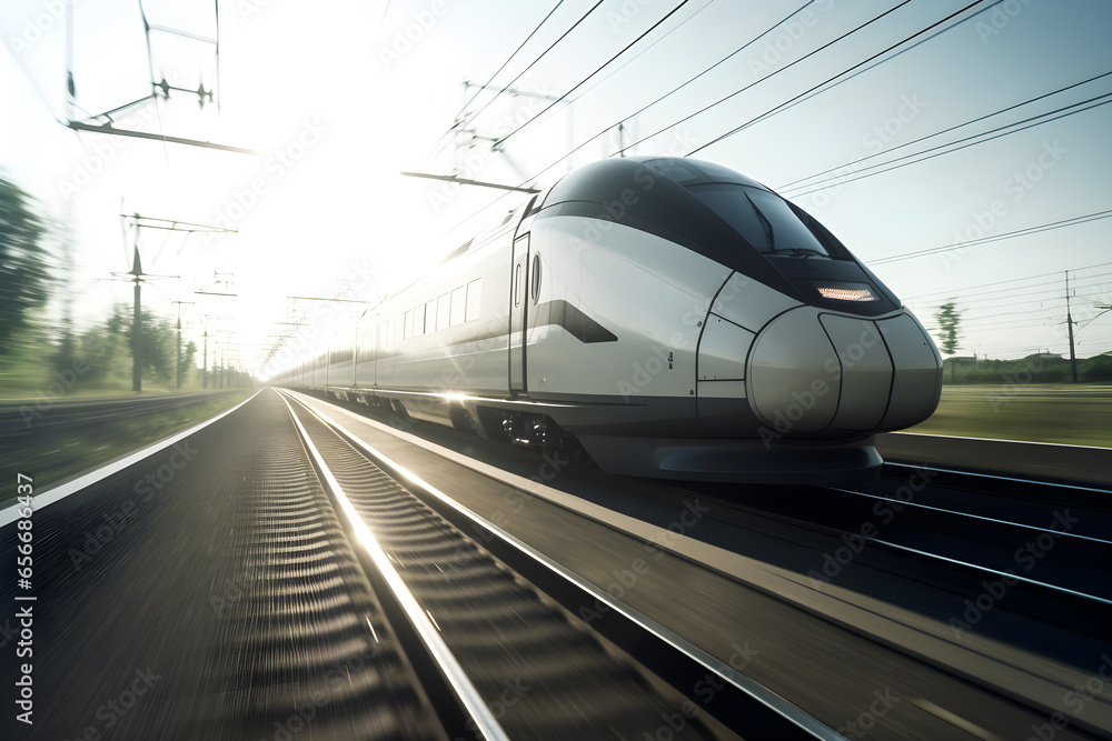 High speed train on the railway track with motion blur background ...