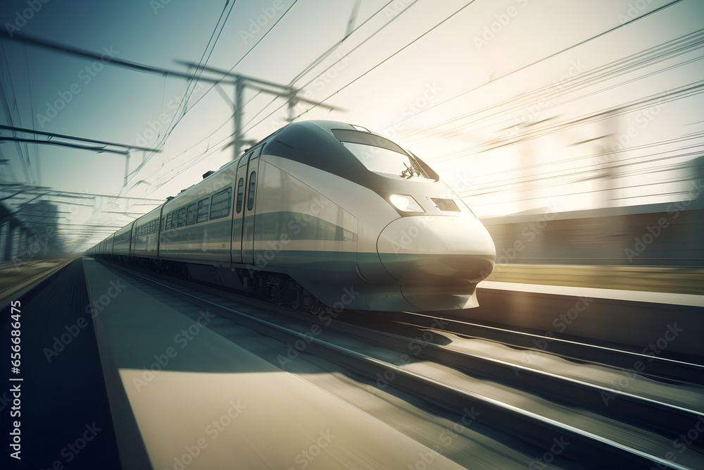High speed train on the railway track with motion blur background ...