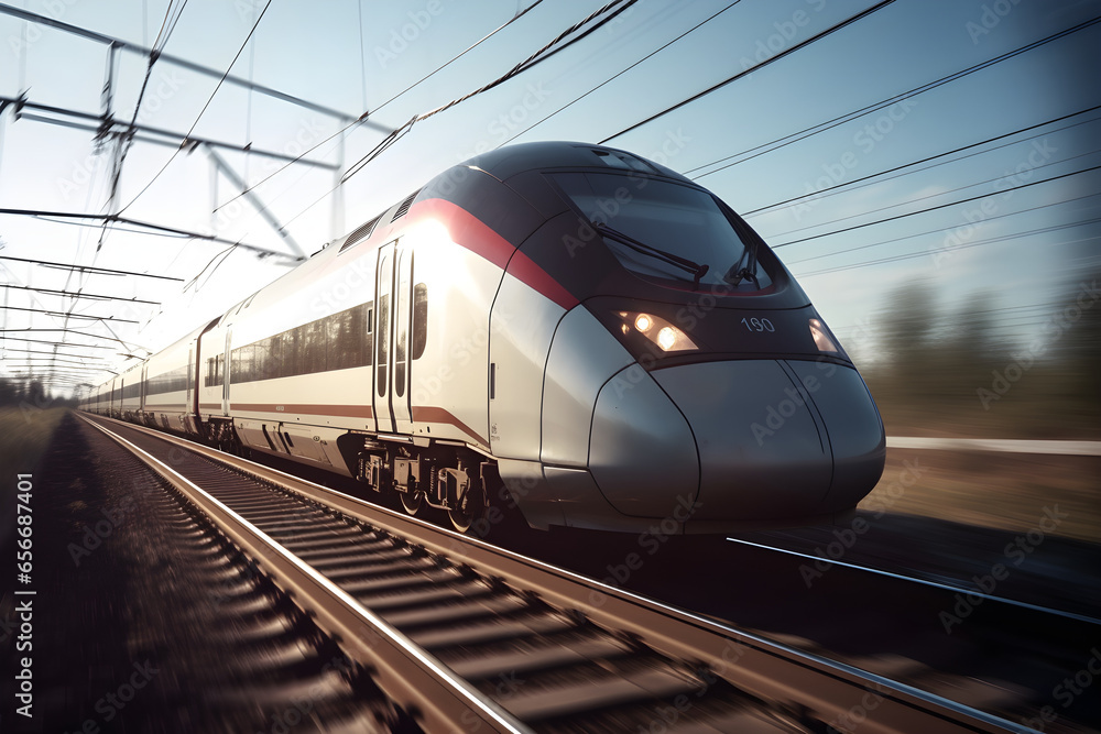 High speed train on the railway track with motion blur background ...