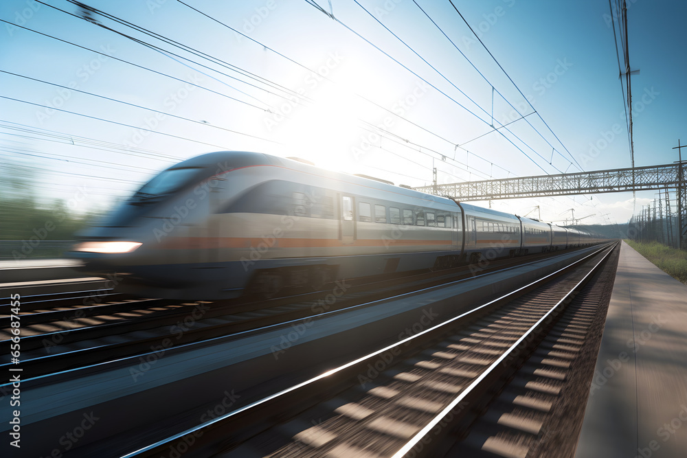 High speed train on the railway track with motion blur background ...