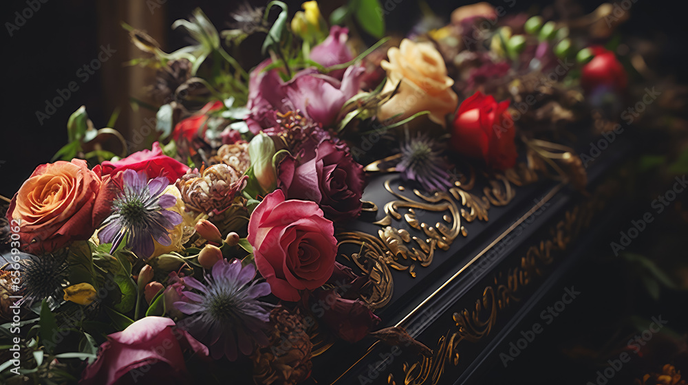 Generative AI, wooden coffin decorated with flowers, top view ...