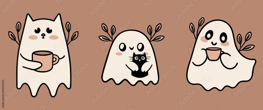 Ghost drinking coffee illustration. Cat sheet ghost holding a mug. Fall ...