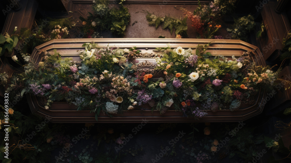 Generative AI, wooden coffin decorated with flowers, top view ...