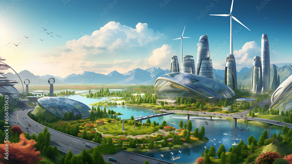 Visualize a future where renewable energy sources, like wind turbines and solar panels, power ...