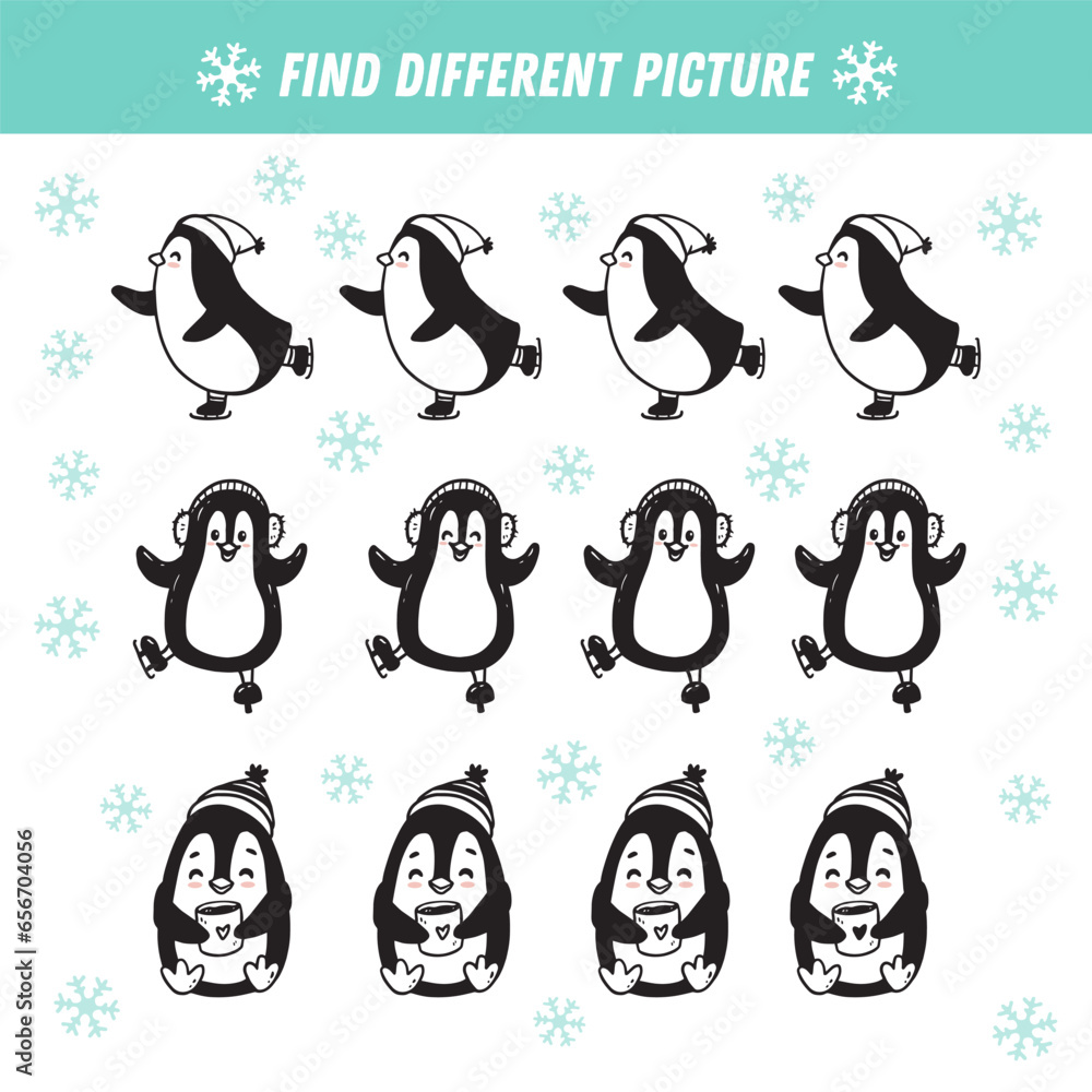 Find different penguin in each row. Christmas Logical game for kids ...