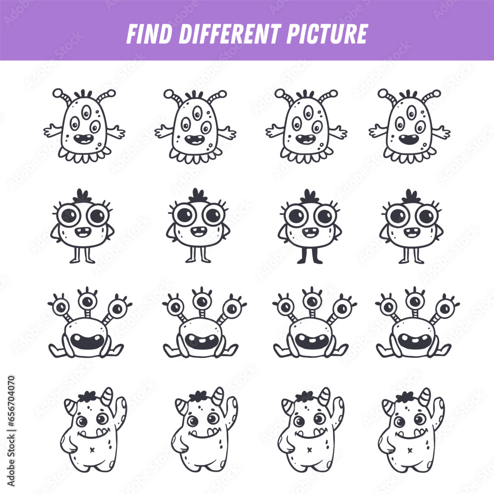 Find different monster in each row. Logical game for kids. Cartoon ...
